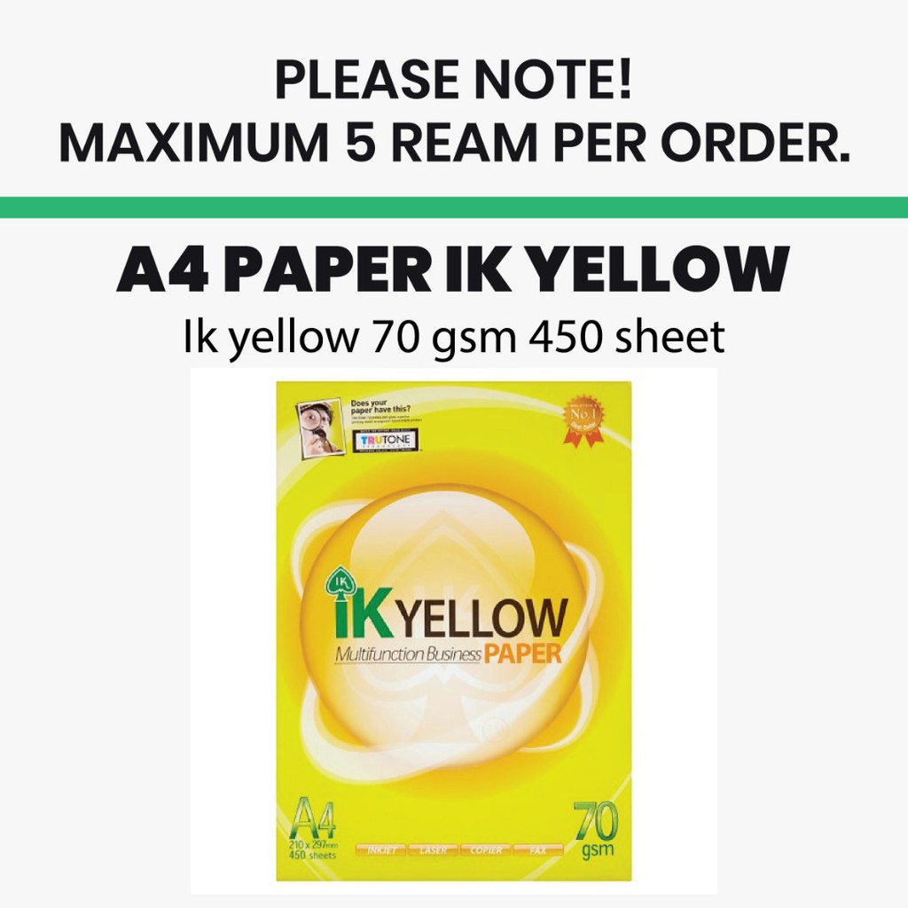 [READY STOCK] IK Yellow A4 Paper 70 GSM 450'S TruTone Technology Copier ...