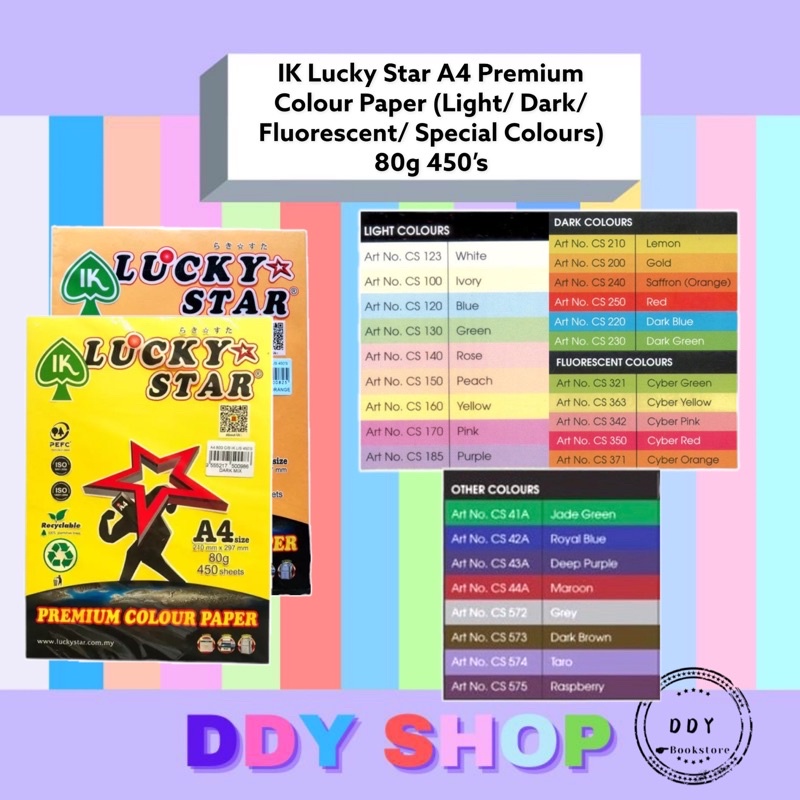 IK Lucky Star A4 Premium Colour Paper (Light/ Dark/ Fluorescent/ Special Colours) 80g 450’s ...