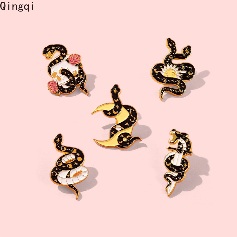 Punk Enamel Pins Black Snake Twining Skull Sun Moon Sword Pattern ...