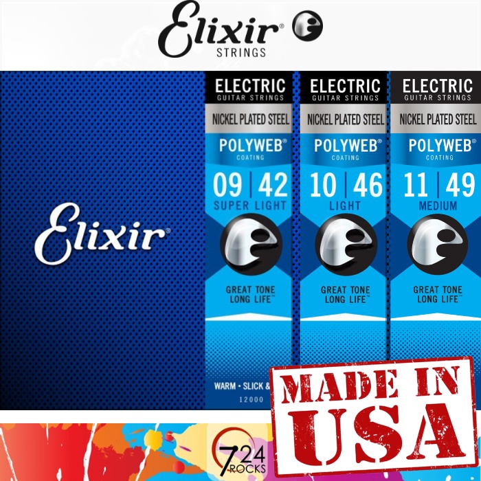 Elixir Polyweb Nickel Plated Steel Electric Guitar Strings Set . 12000 . 12025 . 12050 . 12100 ...