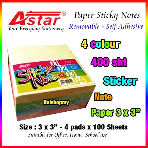Sticky Note Astar - Paper - 76 x 76 mm - 4 colour - 400's - Index Memo ...