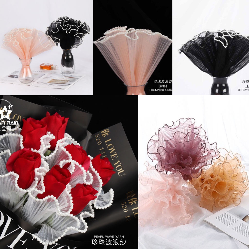 4.5M Pearl Ribbon Flower Wrapping Paper Wave Yarn Mesh Roll Lace Mesh ...