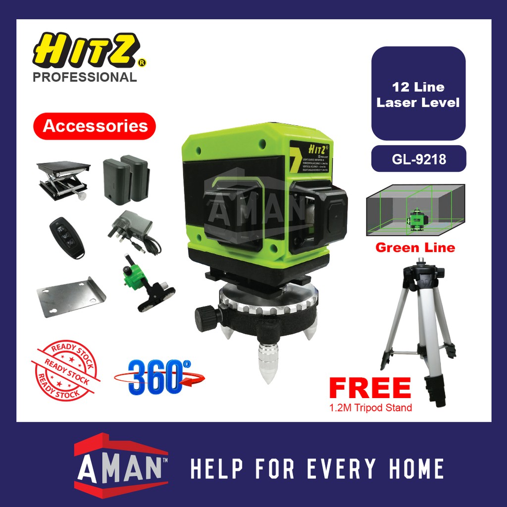 HITZ 12 Line 3D Laser Level Light Self-Leveling 360° Rotary Cross Auto ...