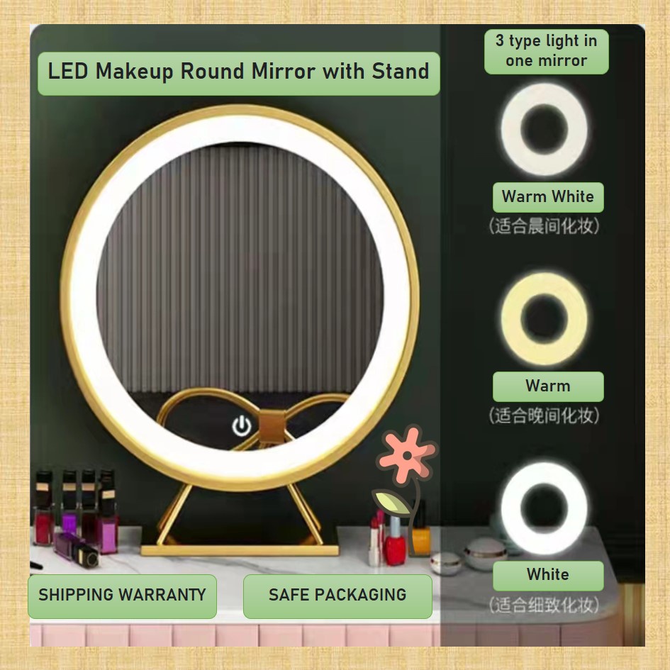 LED Light Round Mirror Vanity Makeup Mirror One-Touch LED Button Mirror ...