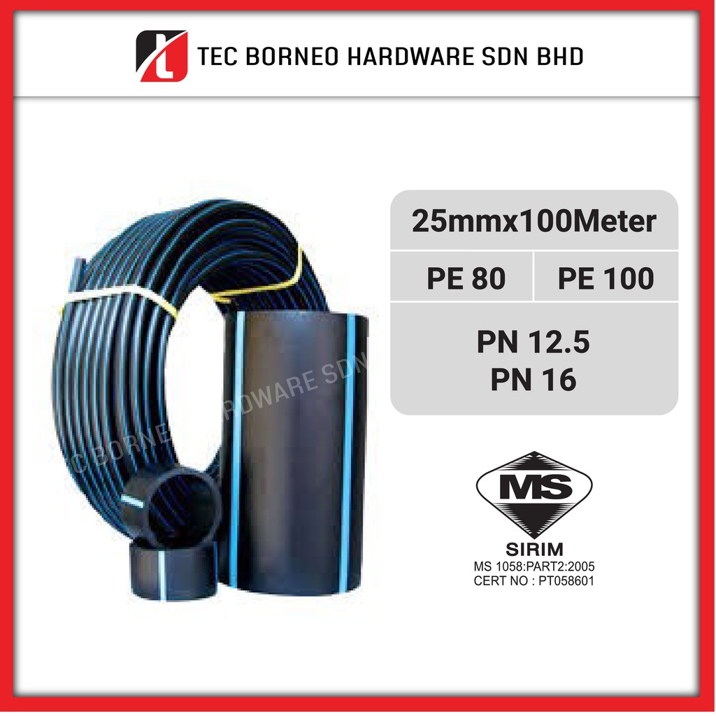 TEC [100 Meter] 3/4" Inch 25mm PN12.5 PN16 HDPE Poly PP Pipe Black PE80 / PE100 SIRIM PE 80 PE ...
