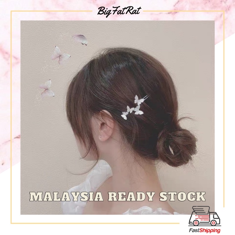Elegant Butterfly Diamond Hairpin 气质蝴蝶闪亮水钻一字夹 Klip Rambut Rama-rama ...
