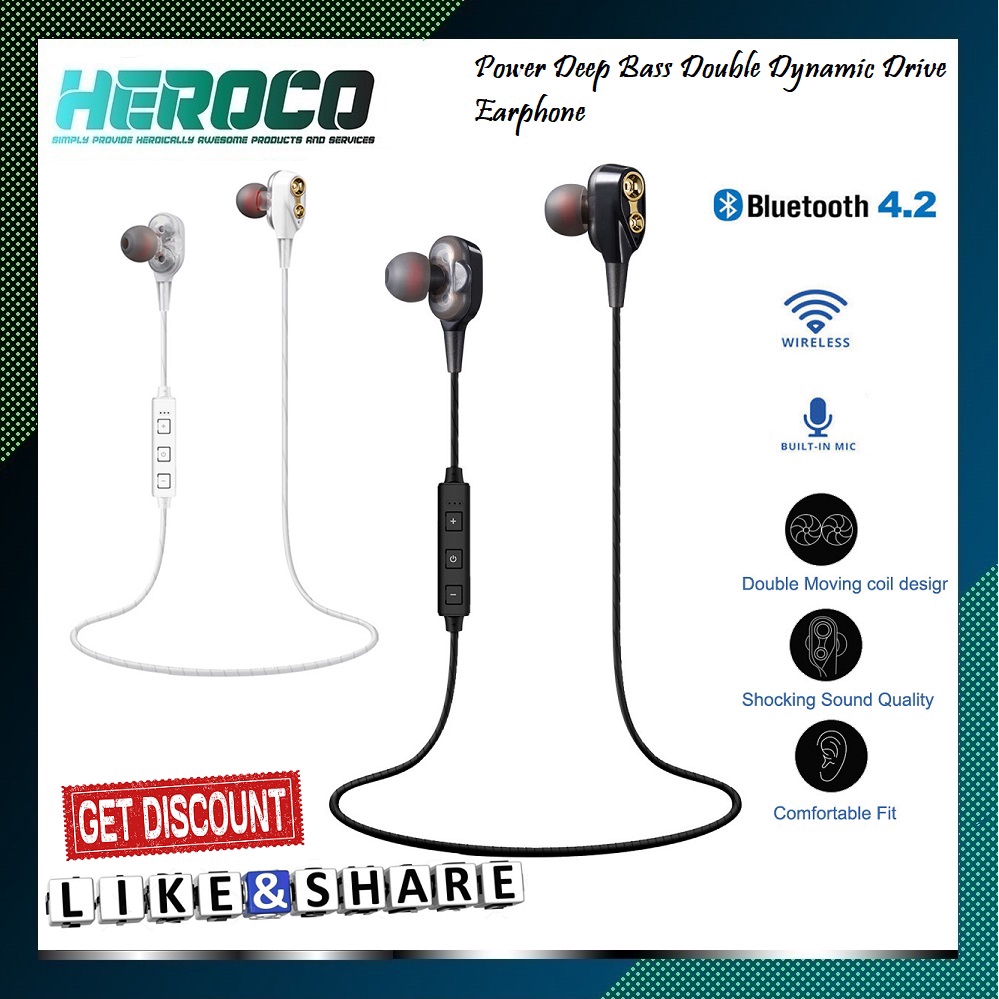 Double Dynamic Bluetooth Earphone Dual Driver with Mic Bass Headset In ...