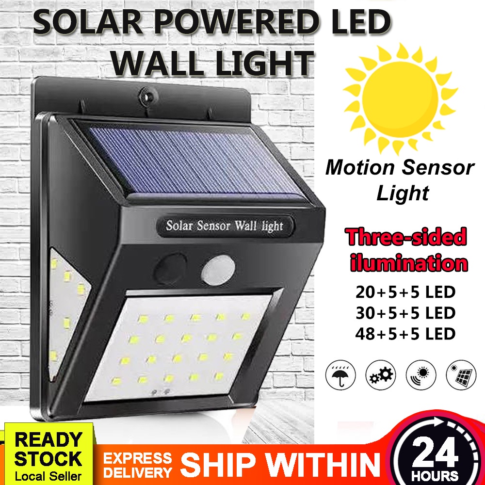 🔥PROMO🔥 Solar Powered PIR Motion Sensor 20 30 48 LED COB Wall Light 3 Sided Iliumination Water ...