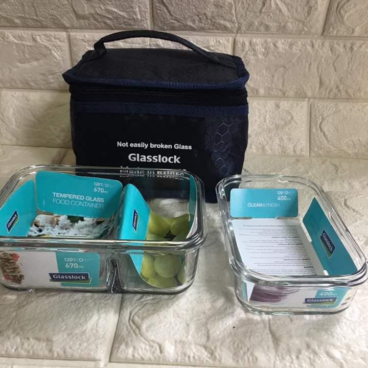 Thermal BAG SET PLUS 2 GLASS OFFICE LUNCH BOXES WITH COMPARTMENTS (670ML + 400ML) | Shopee Malaysia