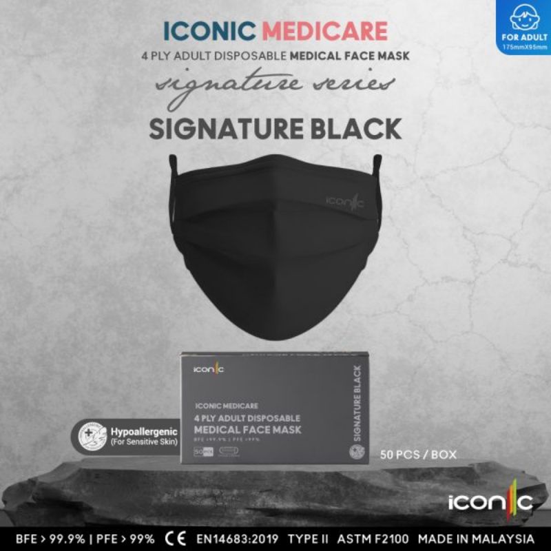 ICONIC [SIGNATURE] BLACK ADULT 4 PLY MEDICAL DISPOSABLE FACE MASK ...