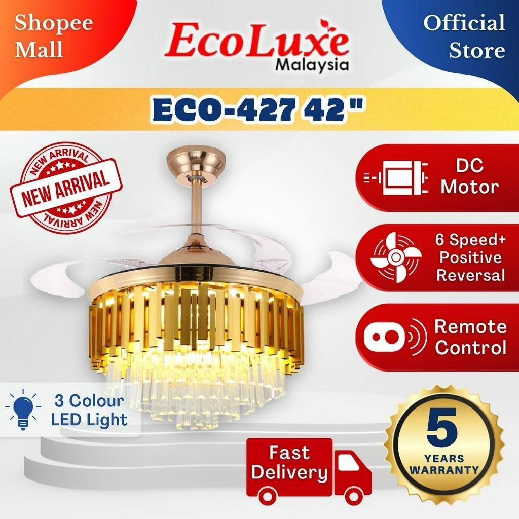 ECOLUXE Crystal Chandelier DC Ceiling Fan Invisible Blades with 3 ...