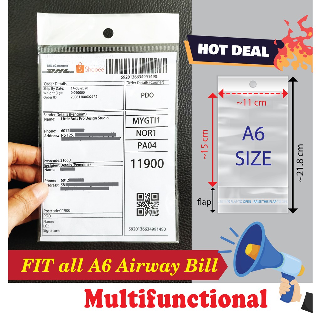 [100-400pcs] Self adhesive plastic bag A6 Size transparent clear Hanging packaging plastik beg ...