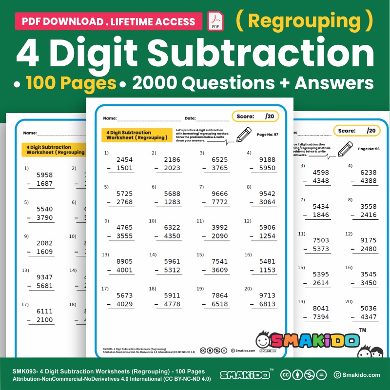 Regrouping/ Borrowing 4 Digit Subtraction Worksheets-Positive Answer ...