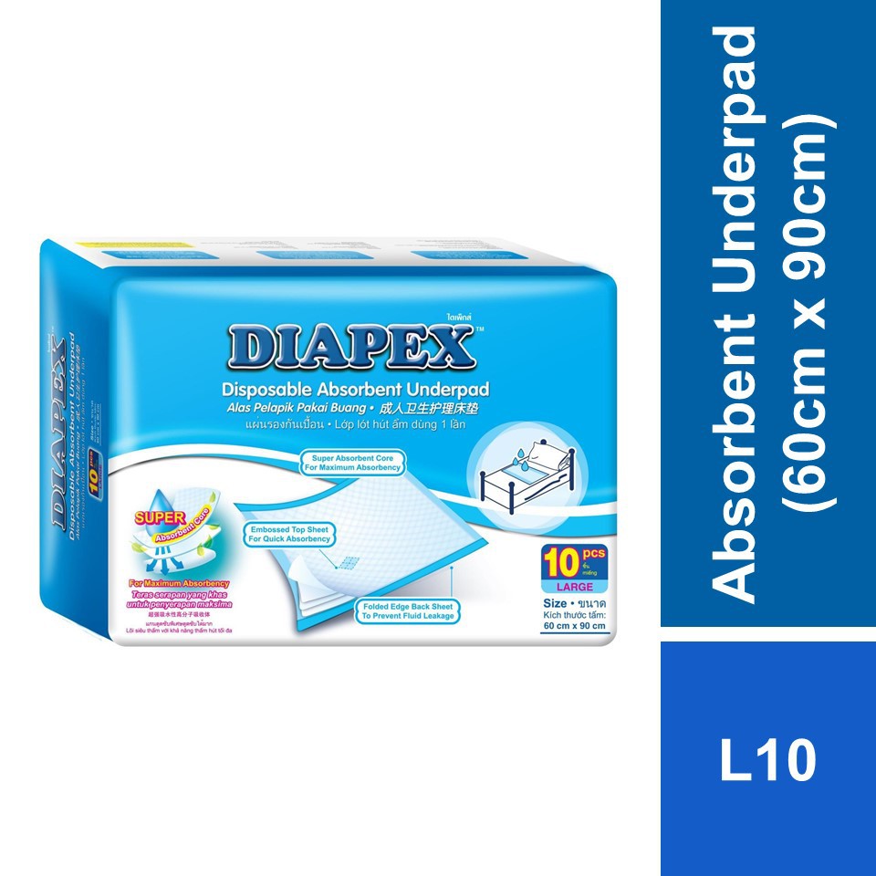 Diapex Disposable Absorbent Underpad 10's (60cm x 90 cm) | PGMall