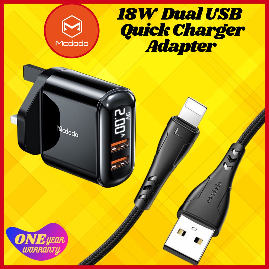 【1YrWarranty】Mcdodo 18W QC3.0 Digital Display Dual USB Output Fast Charging Charger Adapter ...
