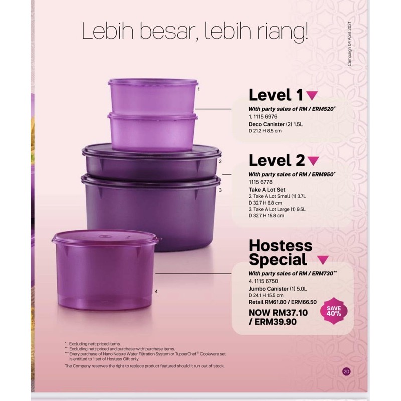 Tupperware Deco Canister / Take A Lot / Jumbo Canister (Full Set 5pcs ...