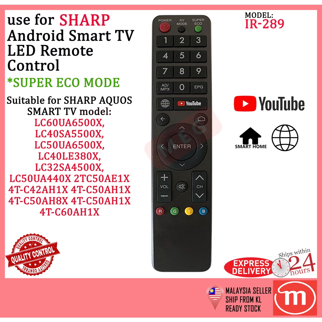 SHARP AQUOS SMART TV ANDROID TV REMOTE CONTROL REPLACEMENT with YOUTUBE ...