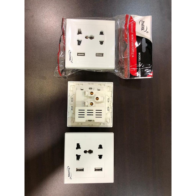 PROSMK 2.1A Universal 2 & 3 Pin 2 Wall Switch Socket in white with 2 ...