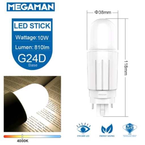 MEGAMAN 10W LED PLC Stick Bulb (3000K-Warmwhite/4000K-Coolwhite/6500K ...
