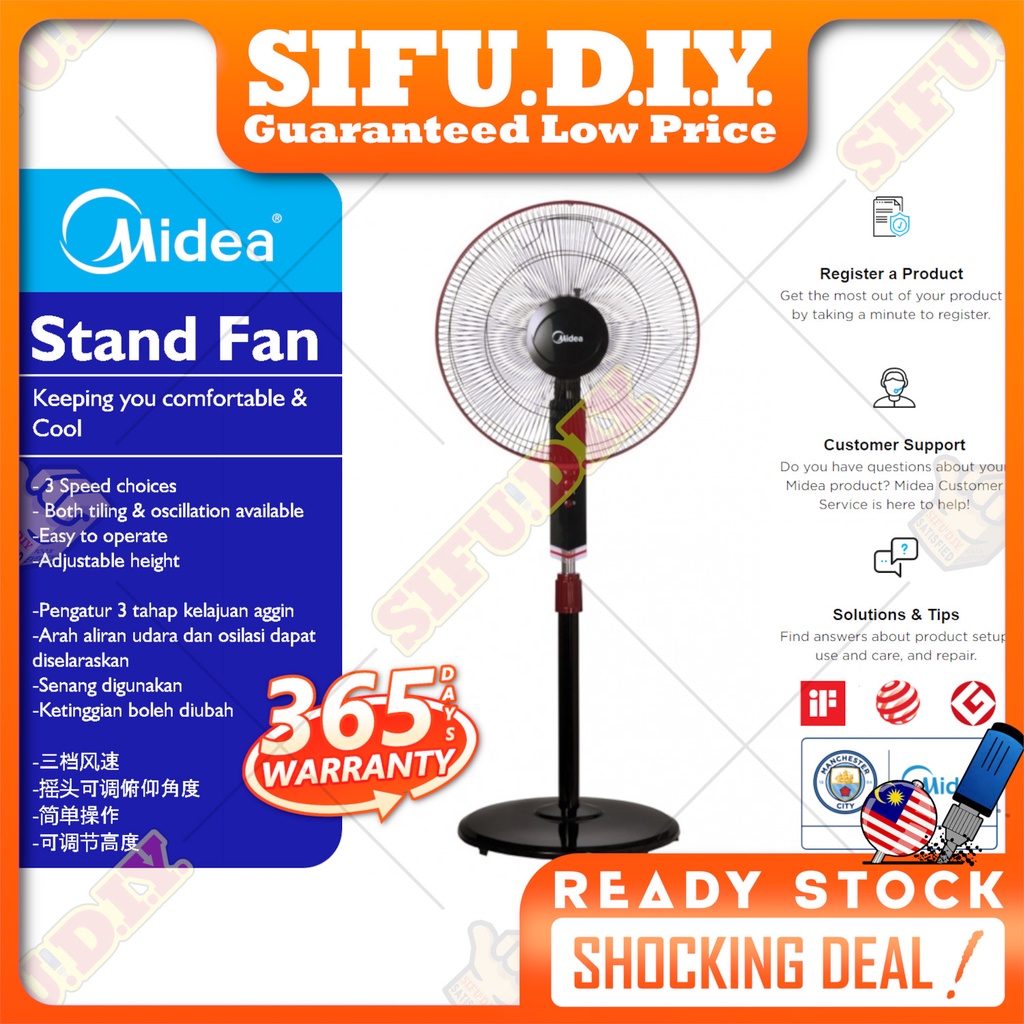 SIFU DIY Midea 16" Stands Fan MF-16FS10N For Living, Bed, Kitchen ...