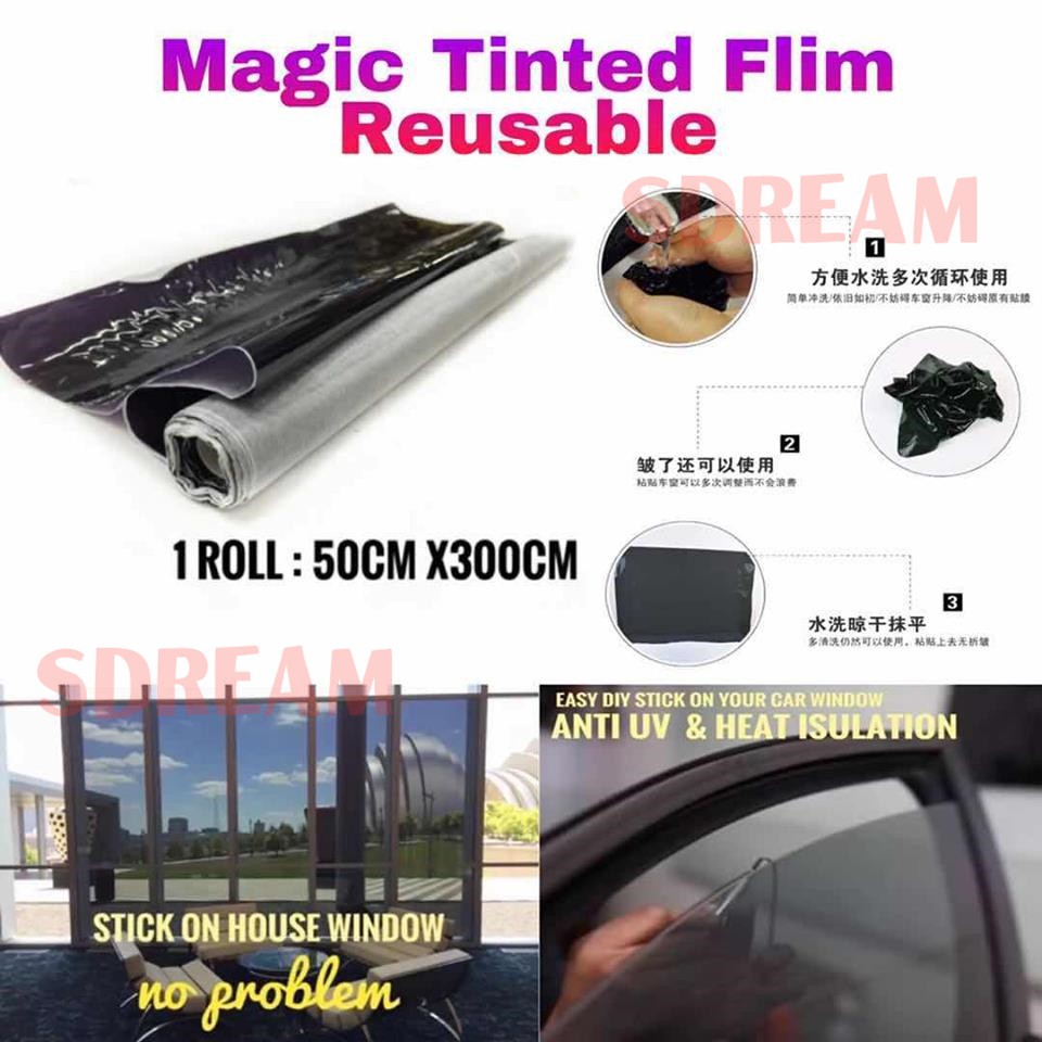 Magic Tinted Car Film Reusable Removable NO Glue 20% Black DIY Myvi ...