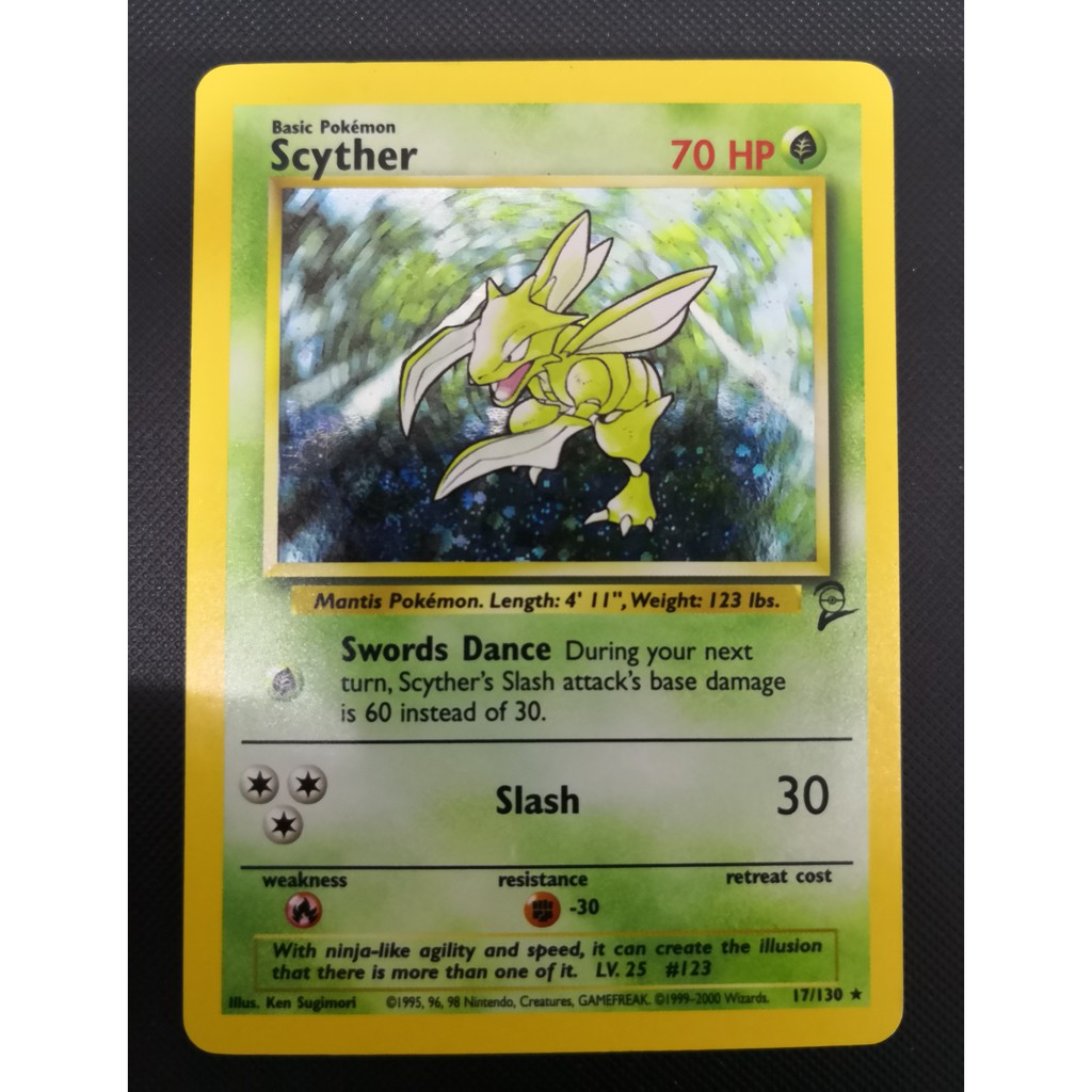 Pokemon Scyther Base Set 2 17/130 Rare Holo Played Card | Shopee Malaysia