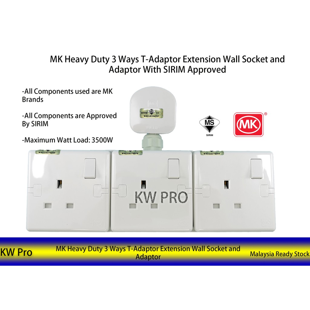 MK Heavy Duty 3 Ways/ 3 Gang T-Adaptor Extension Wall Socket And ...
