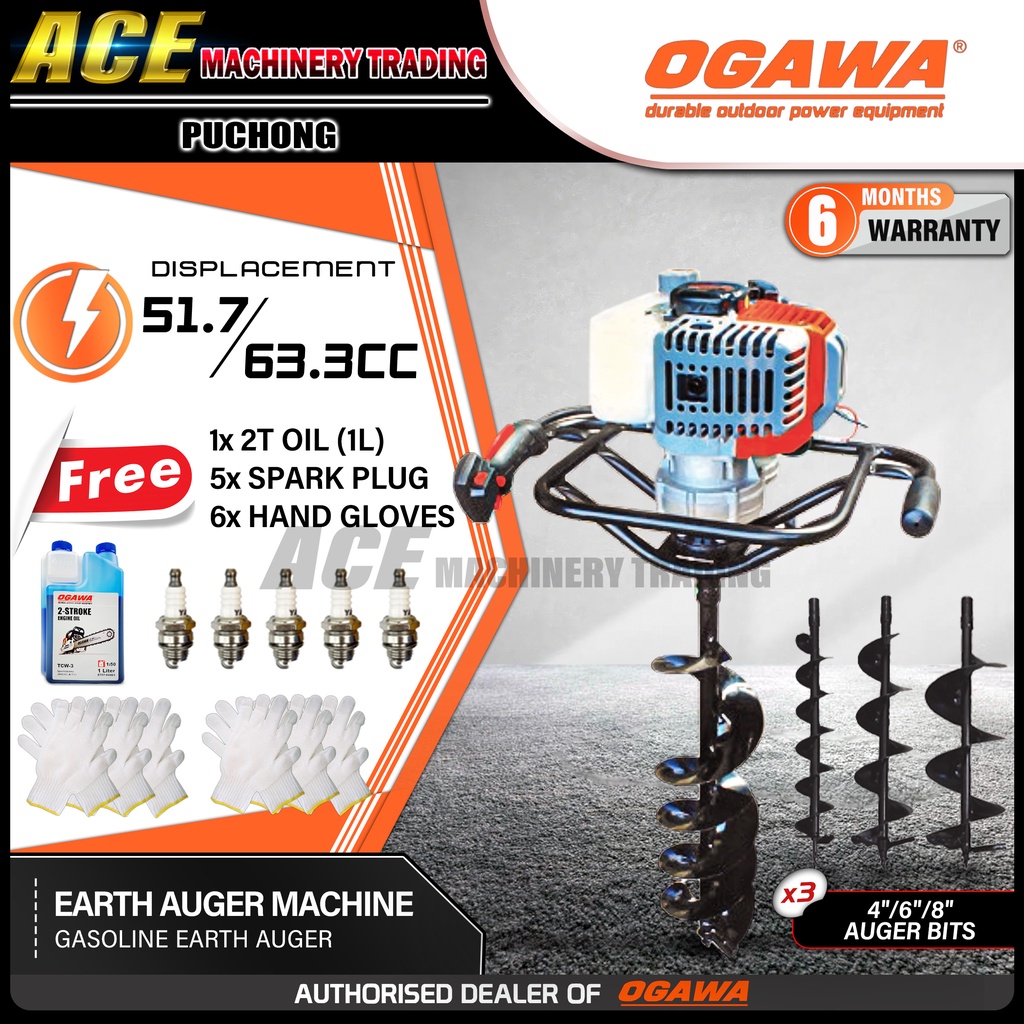 [ 100% Original ] Ogawa Earth Auger Machine SH580E / SH630E Mesin Korek Tanah Included (4", 6 ...
