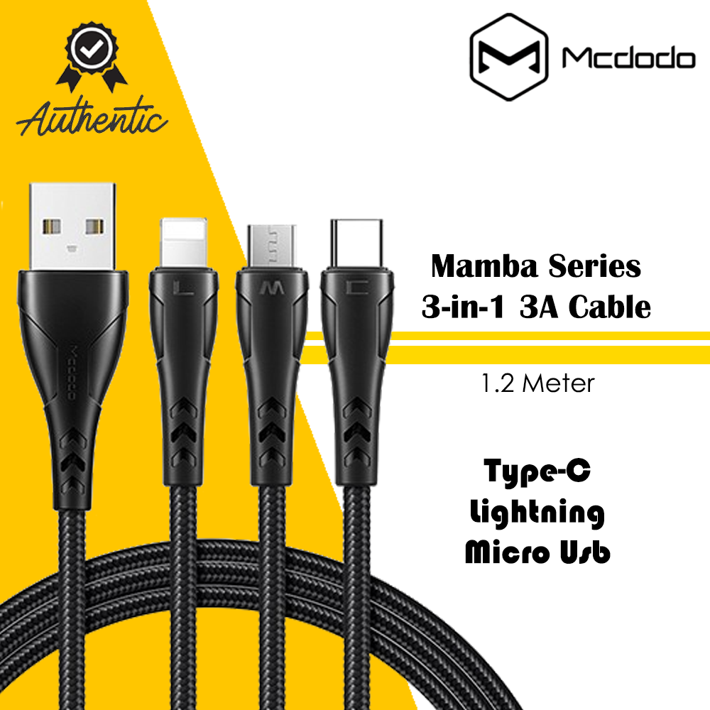 Original Mcdodo Mamba Series 3A Iightning + Type-C + Micro USB 3 in 1 ...