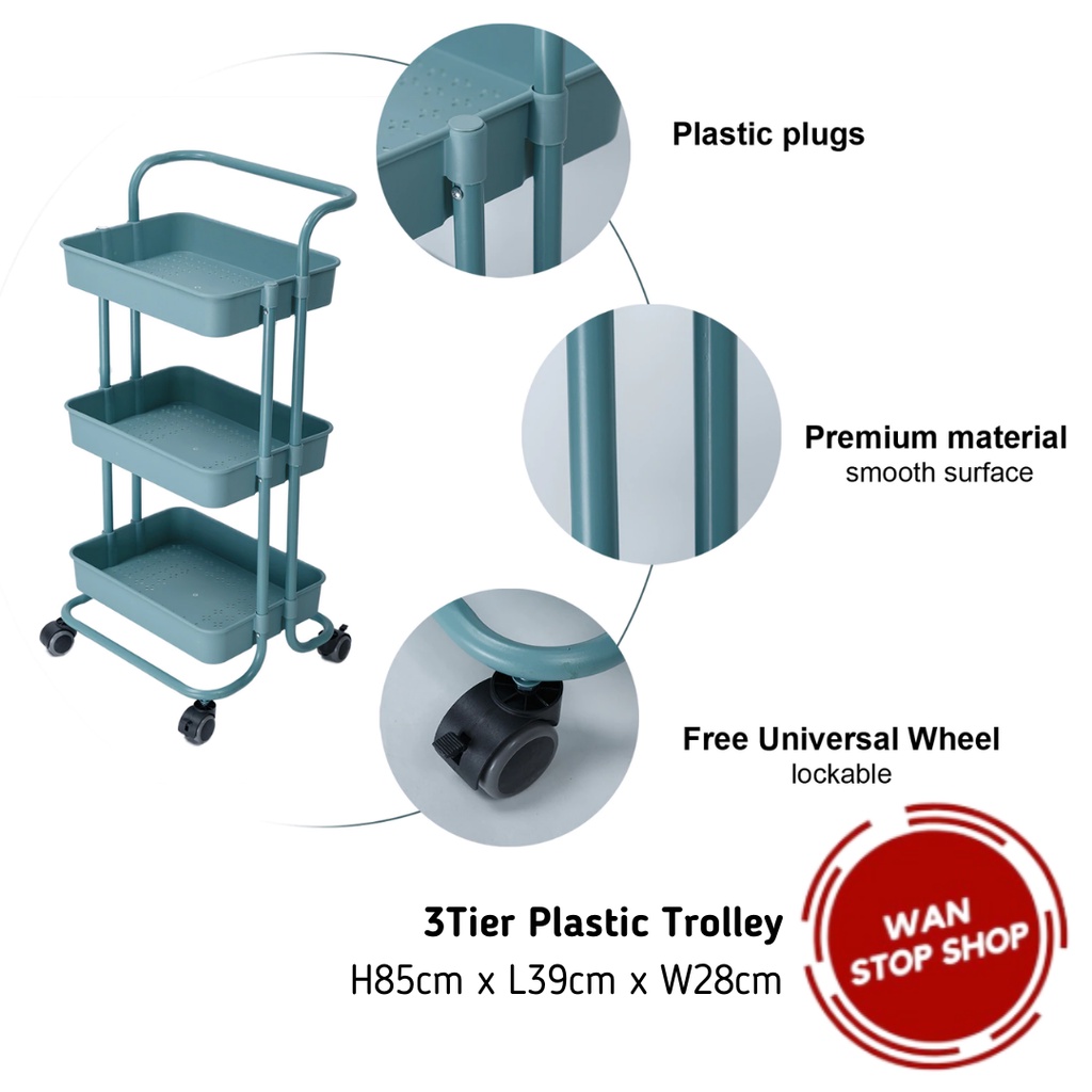 3 Tier Trolley Storage Rack with Handle and Wheels, Troli 3 Tingkat ...