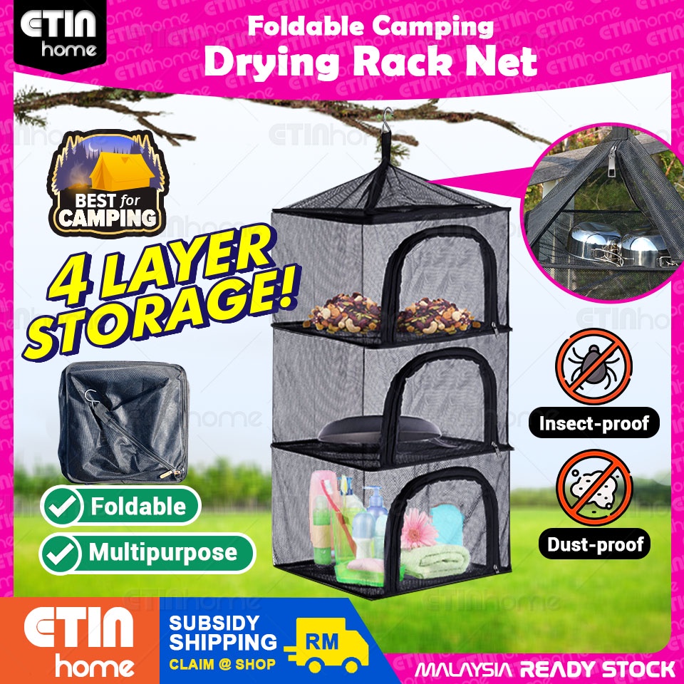 Camping Hanging Drying Rack Net 4 Layer Outdoor Rack Camping Organizer ...