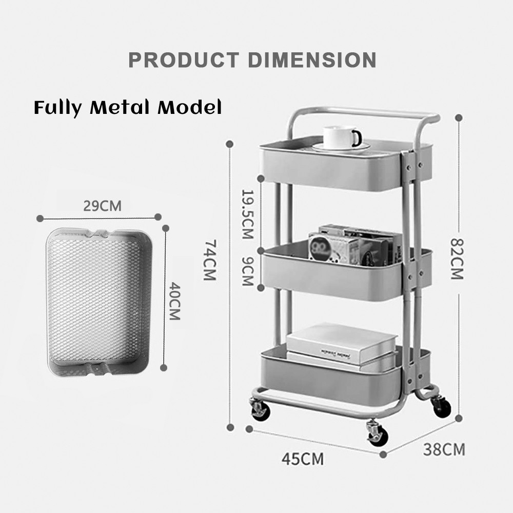 3 Tier Multi-functional Metal Trolley Storage Rack with Handle (Powder ...
