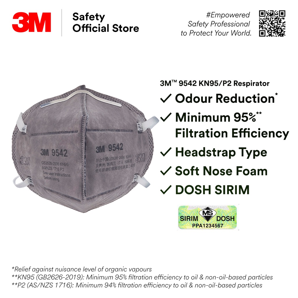 3M™ 9542 KN95/P2 Particulate/ Haze/ Dust/ Mist Disposable Respirator/ Organic Vapor/ Smell ...