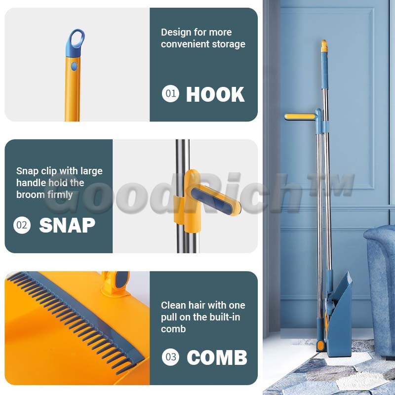 2 in 1 Rotatable Broom & Folding Upright Standing Dustpan Combination Set Penyapu dan Penyodok ...