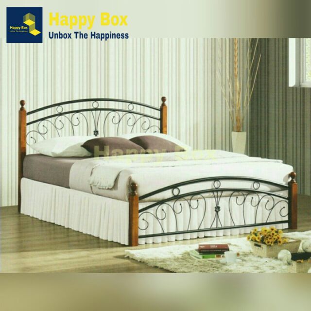 Happy Box Furniture Metal Bed With Solid Wood Post Queen Size Bed ...