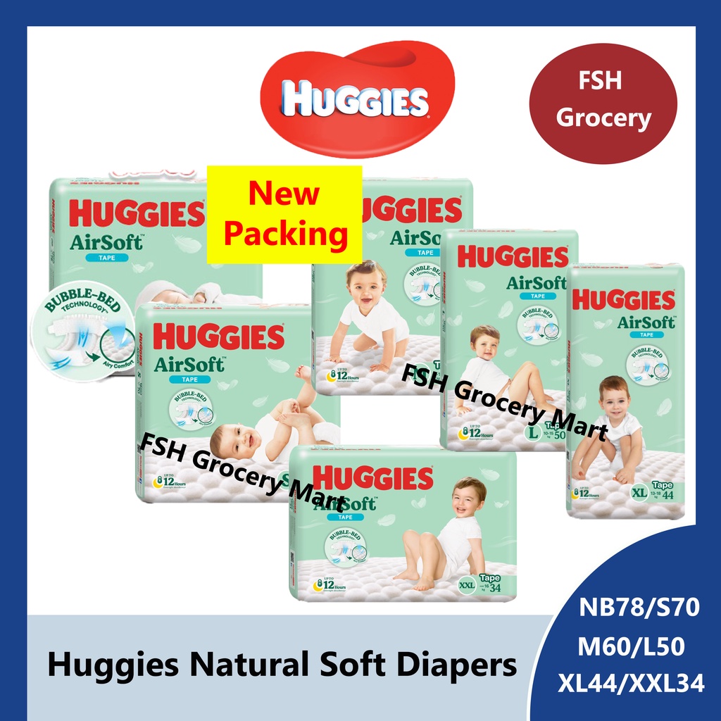 Huggies AirSoft TAPE DIAPERS Super Jumbo Pack (NB68/S58/M52/L44/XL38 ...