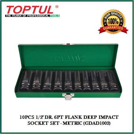 TOPTUL 10PCS 1/2" DR. 6PT FLANK DEEP IMPACT SOCKET SET - METRIC ...