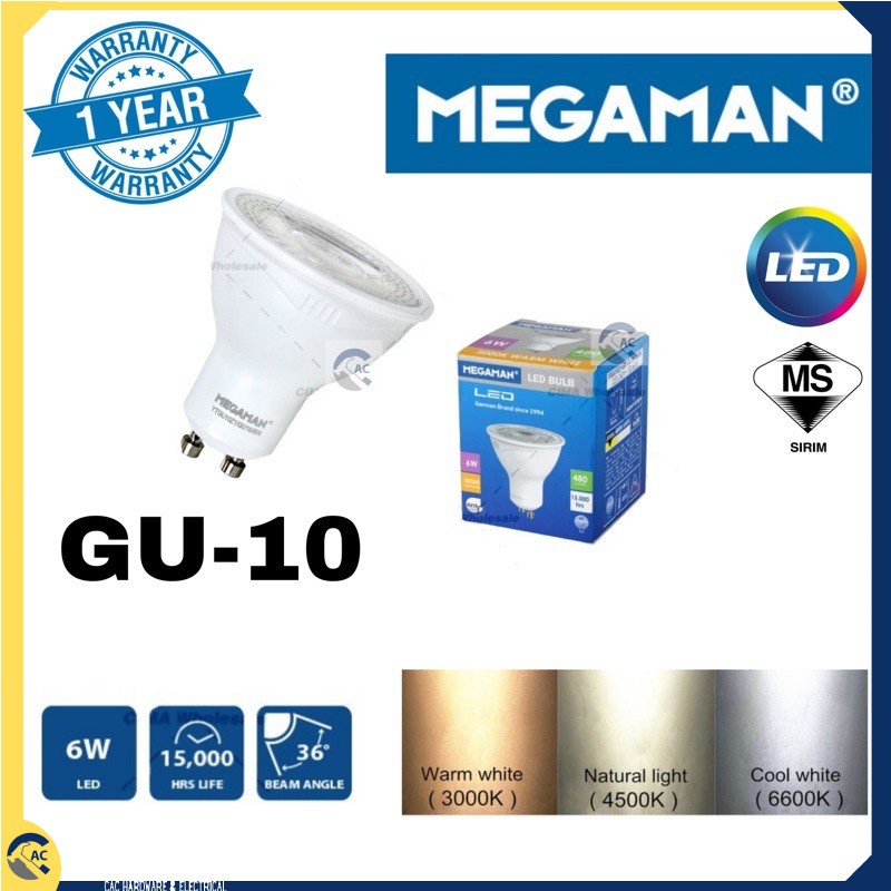 [1 TO 1 EXCHANGE] MEGAMAN GU10 LED BULB | NON-DIMMABLE | 36º | 6W 240V ...