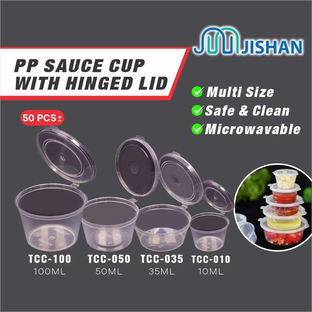 [50pcs] 100/50/35/10ml PP Sauce Cup with Hinged Lid / TYCOPLAS Mini Round Container Clip Lid ...