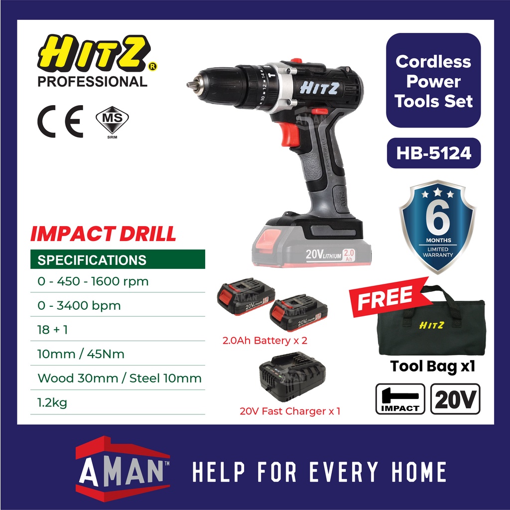 HITZ 20V Impact Drill Cordless Rechargeable Electric Screwdriver ...