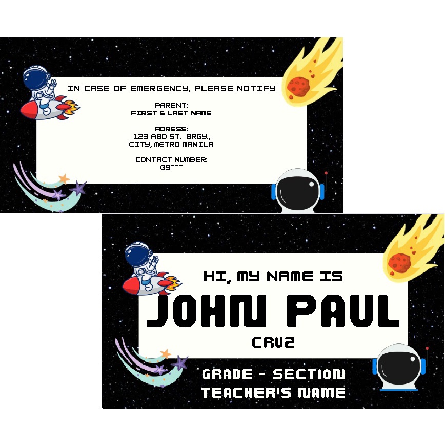 LAMINATED NAME TAG FOR SCHOOL FOR BOYS and GIRLS (BACK TO BACK WITH ...