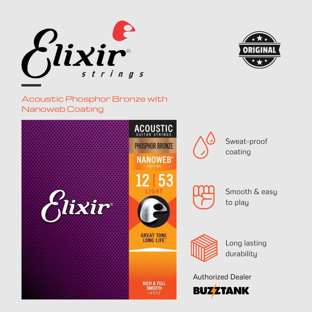 Elixir Nanoweb Acoustic Guitar Strings Phosphor Bronze 10/11/12 Gauges ...