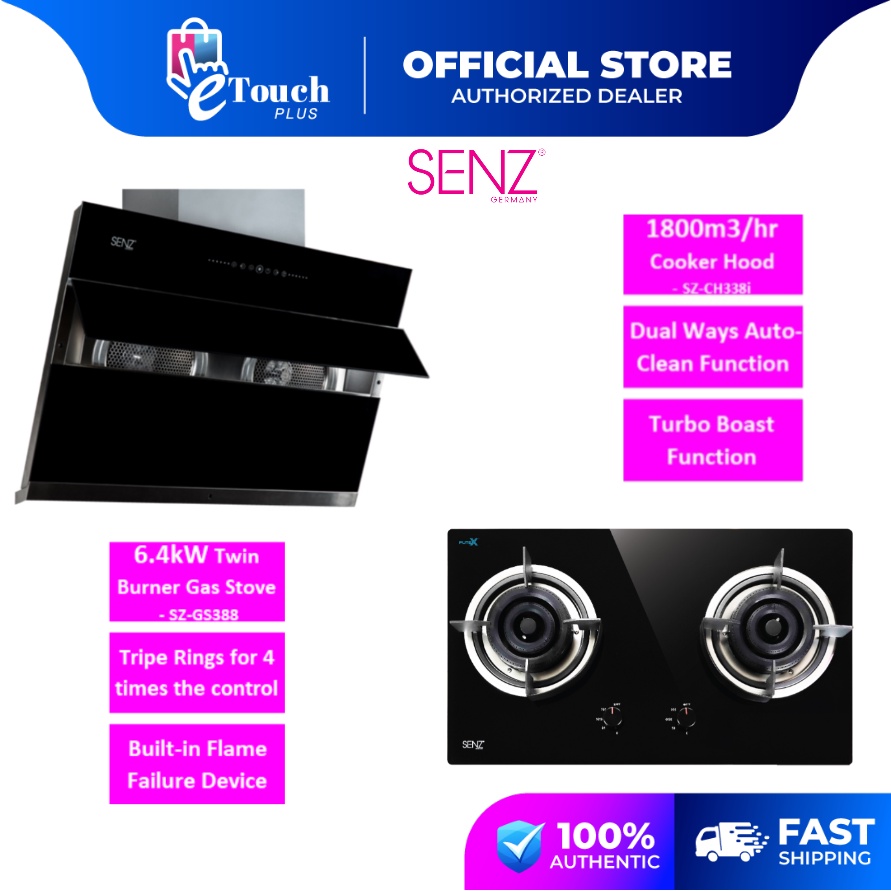 SENZ SZ-CH338i IntelClean Twin Motor Cooker Hood + SENZ SZ-GS388 Tri ...