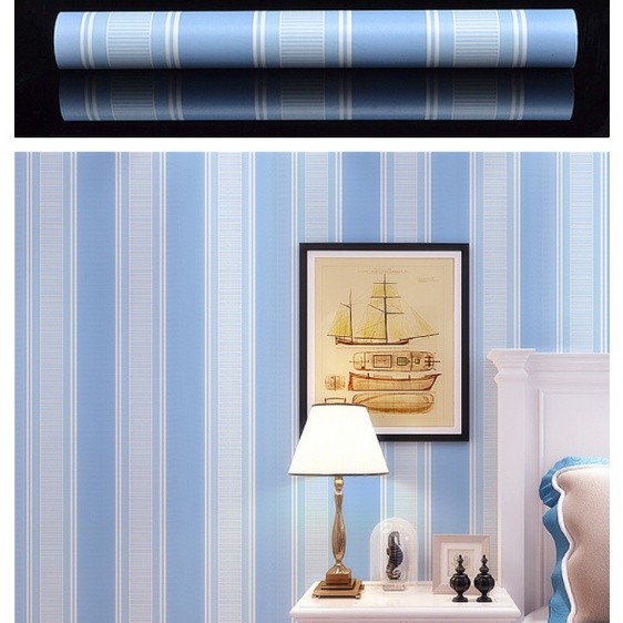 KYk Pvc wallpaper Jalur Lebar Biru Stripe wallsticker Paper Dinding ...