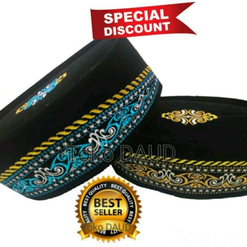 Black Embroidered Songkok Cap with Batik Motif, Adult Kopyah Cap ...