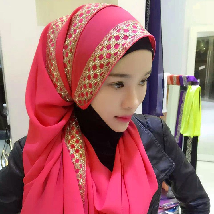 Muslim headscarf pearl chiffon gold long article long scarf Hui women's ...