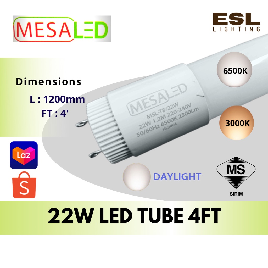 ESL LIGHTING MESALED Led Tube 22W 4Feet SIRIM One Year Warranty (30 ...