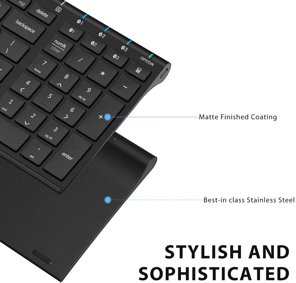 BK10 Bluetooth Keyboard, Multi Device Rechargeable with Number Pad Ergonomic Design Connect 3 ...