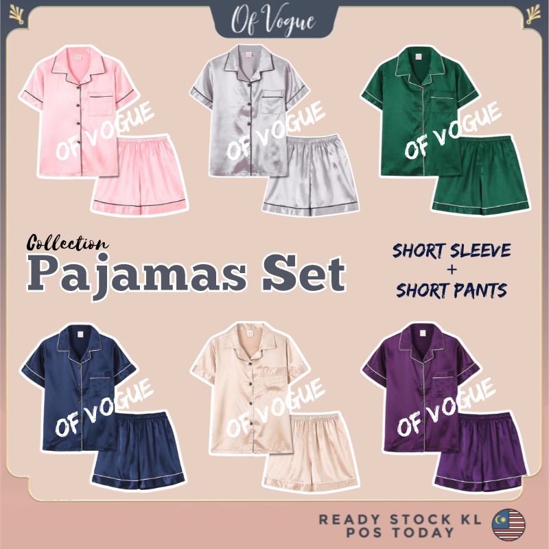 M-5XL Baju Tidur Women Casual Satin Silk Pyjamas Short Sleeve Short ...