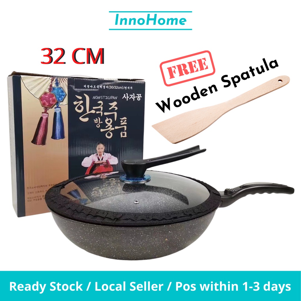 READY STOCK -32CM Big Korea Gas Electric Non-stick Cooking Wok Pan with ...